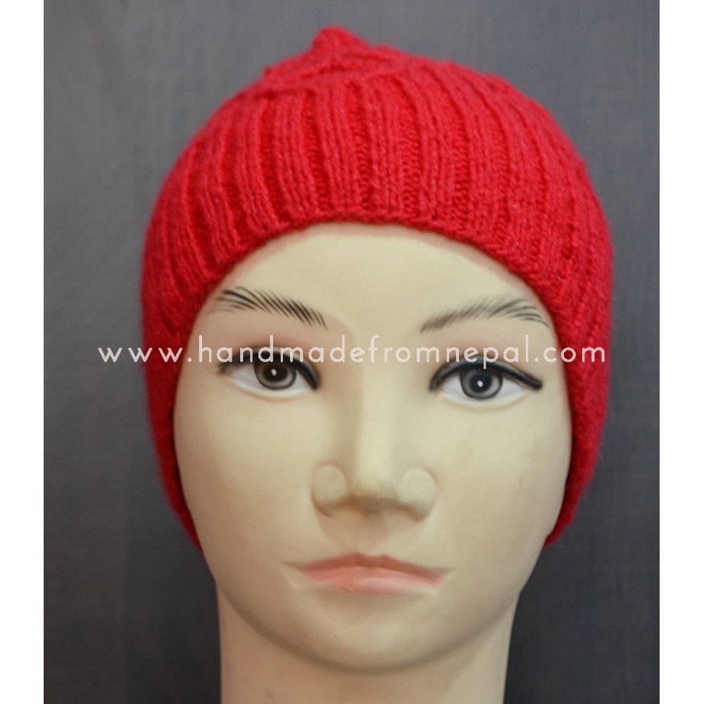 Red Hand Knitted Woolen Beanie crochet hat handmade in Nepal